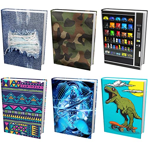 Easy Apply, Reusable Book Covers 6 Pk. Best Jumbo 9x11 Textbook Jacket for Back to School. Stretchable to Fit Most Medium Hardcover Books. Perfect Fun, Washable Designs for Girls, Boys, Kids and Teens