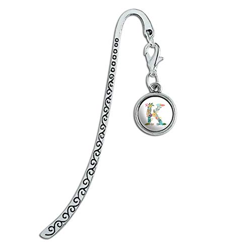 Letter K Floral Monogram Initial Metal Bookmark Page Marker with Charm