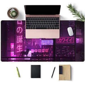 Purple Gaming Mousepad Japanese Desk Mat XXL Extended Anime Cool Large Mouse Pad Keyboard Mouse Mat Desk Pad for Computer Laptop Gamers 31.5''X15.7'' Non-Slip Rubber Base with Stitched Edges