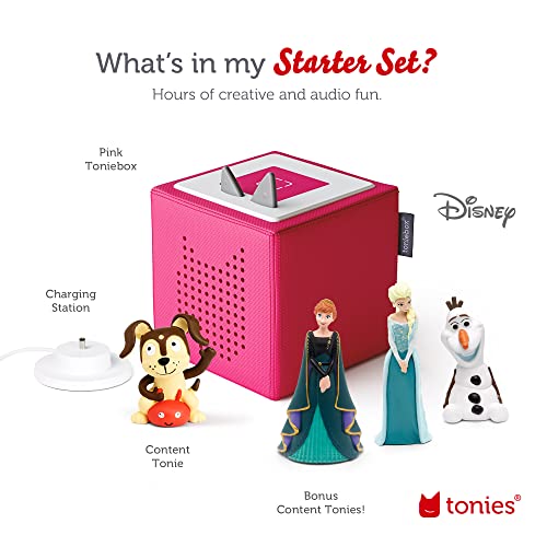 Toniebox Audio Player Starter Set with Elsa, Anna, Olaf, and Playtime Puppy - Listen, Learn, and Play with One Huggable Little Box - Pink