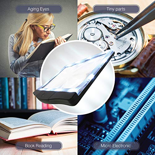 [Rechargeable] 3X Large Ultra Bright LED Page Magnifier with 12 Anti-Glare Dimmable LEDs (More Evenly Lit Viewing Area & Relieve Eye Strain)-Ideal for Reading Small Prints & Low Vision…