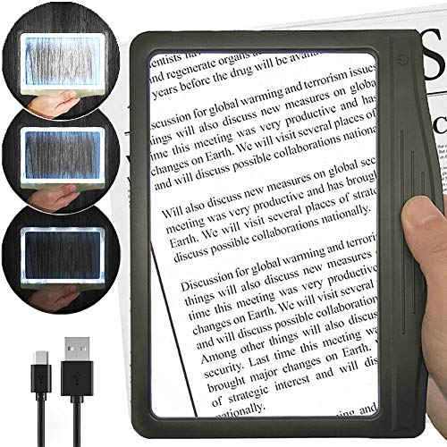 [Rechargeable] 3X Large Ultra Bright LED Page Magnifier with 12 Anti-Glare Dimmable LEDs (More Evenly Lit Viewing Area & Relieve Eye Strain)-Ideal for Reading Small Prints & Low Vision…