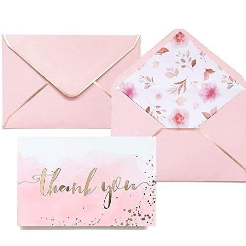 Winoo Design Heavy Duty Rose Gold and Pink Thank You Cards with Envelopes - 36 PK - 4x6 Bridal Shower Thank You Cards Baby Shower Baby Girl Thank You Notes for Wedding Birthday