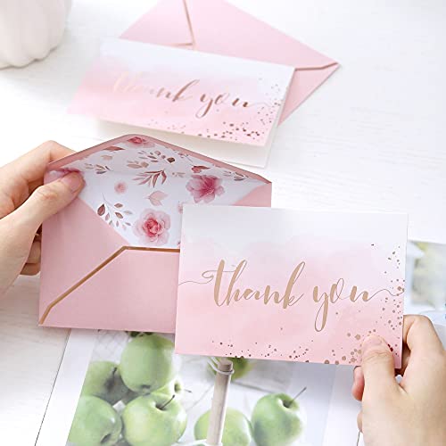 Winoo Design Heavy Duty Rose Gold and Pink Thank You Cards with Envelopes - 36 PK - 4x6 Bridal Shower Thank You Cards Baby Shower Baby Girl Thank You Notes for Wedding Birthday