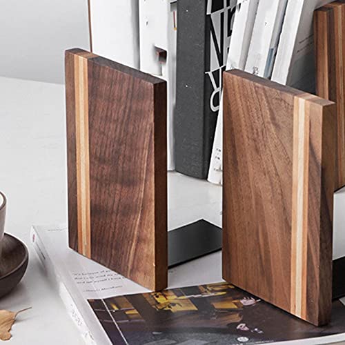 HALOU 2Pcs Wooden Bookends with Metal Base Heavy Duty Book Stand with Anti-Skid Dots for Office Desktop or Shelves Decorative Bookend