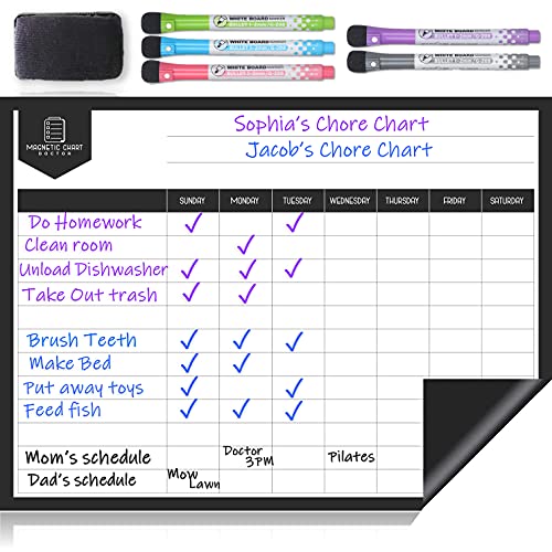 Magnetic Chore Chart for Fridge– Dry Erase Behavior Chart for Multiple Kids and Adults – Responsibility Reward White Board Chart – Children Chore Board with Magnets, 5 Markers & Eraser