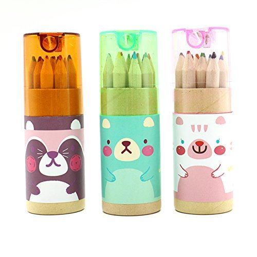 Pomeat 3 Pack Cute Cartoon Bear Mini Drawing Colored Pencils with Sharpener, 3.5" Length, Portable, 12 Count in Tube