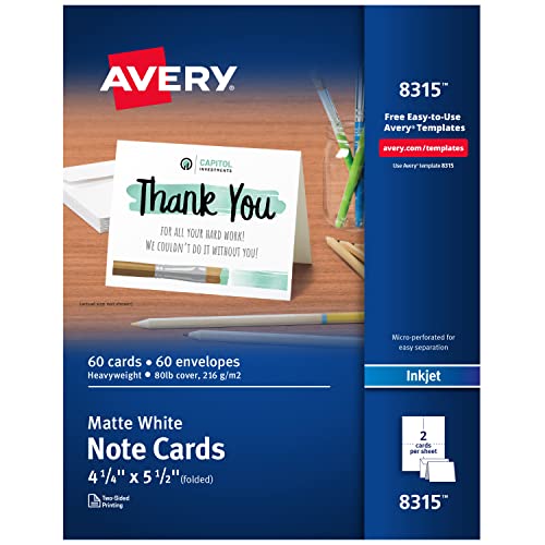 Avery Printable Note Cards, 4.25" x 5.5", Inkjet Printable, 60 Blank Cards and Envelopes (8315)