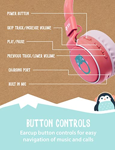 Planet Buddies Cute Penguin On-Ear Bluetooth Headphones for Kids | Foldable Wireless Kids Headphones | Kids Headset with Microphone for Tablets and Phones | Child-Safe Volume for School, Music & Calls