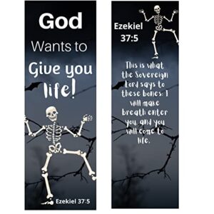 100 count bulk pack skeleton halloween alternative bookmarks, christian handouts, bible verse, scripture, trunk or treat ideas, fall festival, gospel tracts