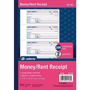 Adams Money and Rent Receipt Book, 2-Part, Carbonless, White/Canary, 7-5/8" x 10-7/8", Bound Wraparound Cover, 200 Sets per Book, 4 Receipts per Page (DC1182)