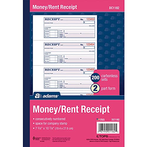 Adams Money and Rent Receipt Book, 2-Part, Carbonless, White/Canary, 7-5/8" x 10-7/8", Bound Wraparound Cover, 200 Sets per Book, 4 Receipts per Page (DC1182)