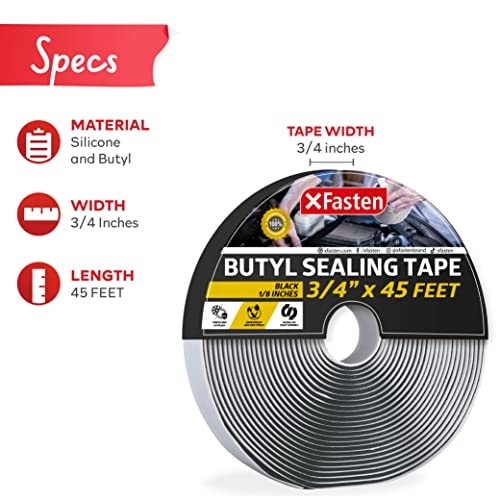 Butyl Tape RV Black, 3/4 in x 45 Ft, 1/8 in Thick EDPM Butyl Rubber Sealant Tape - Roof Patching, Boat Sealing, Leak Proof Butyl Putty Tape - XFasten