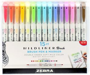 zebra pen mildliner brush marker, double ended brush and fine tip pen, assorted soft colors, 15 pack