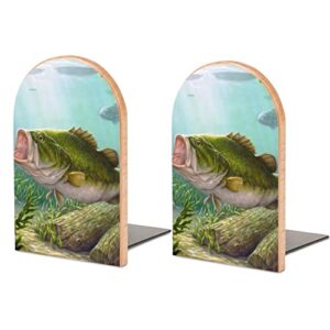 wooden book ends 2 pieces,bass fish decorative bookshelf sturdy book holders for home office school book organizers 5×3.1×3.9 inches