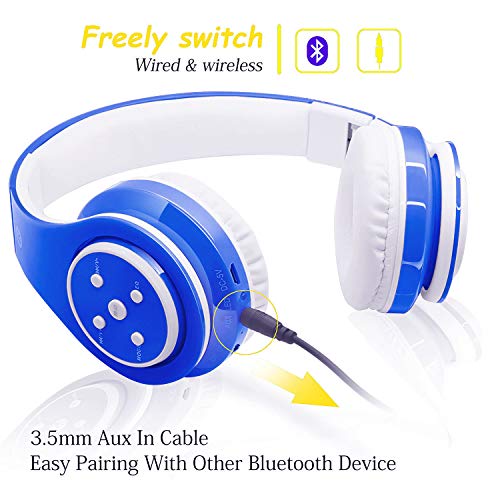 Kids Headphones Bluetooth Wireless 85db/110db Volume Limit Headset Fit for Aged 3-21 Over-Ear and Build-in Mic Wired & SD Card Mode Headphones for Boys Girls Travel School Phone Pad Tablet PC Blue