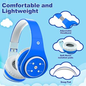 Kids Headphones Bluetooth Wireless 85db/110db Volume Limit Headset Fit for Aged 3-21 Over-Ear and Build-in Mic Wired & SD Card Mode Headphones for Boys Girls Travel School Phone Pad Tablet PC Blue