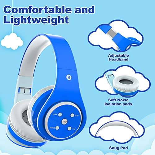 Kids Headphones Bluetooth Wireless 85db/110db Volume Limit Headset Fit for Aged 3-21 Over-Ear and Build-in Mic Wired & SD Card Mode Headphones for Boys Girls Travel School Phone Pad Tablet PC Blue