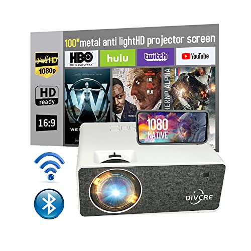 Native 1080P WiFi Bluetooth Projector（with 100" Metal Anti Light Screen），DIVCRE 9000L Full HD 220" Portable Projector , Home Theater Video Projector，Compatible with iOS，Android，HDMI,VGA,USB,AV