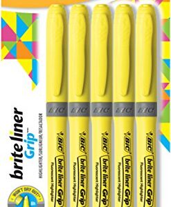 BIC Brite Liner Grip Highlighter, Chisel Tip (1.6 mm), Yellow, For Broad Highlighting & Fine Underlining, 5-Count