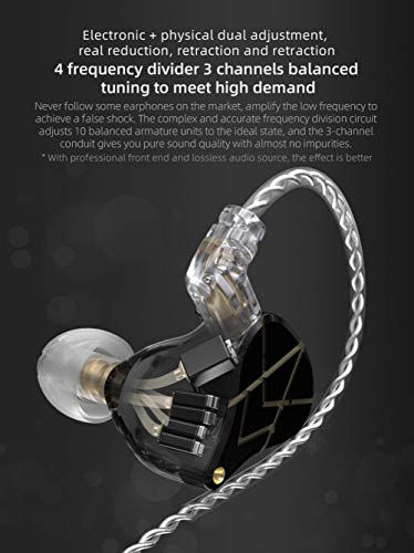 KZ ASX in-Ear Monitors, 10 Balanced Armatures Units per Side Customized HiFi IEM Wired Earphones/Earbuds/Headphones with Detachable Cable 2Pin for Musician Audiophile (Without Mic, Black)