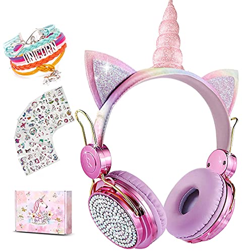 Unicorn Wireless Headphones for Kids,Cat Ear Bluetooth 5.0 Over Ear Headphones with Microphone for Cellphone/iPad/Laptop/PC/TV/PS4/Xbox One, Foldable Gaming Headset for Girls Teens Gift (Purple)