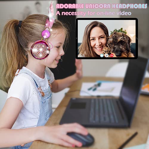 Unicorn Wireless Headphones for Kids,Cat Ear Bluetooth 5.0 Over Ear Headphones with Microphone for Cellphone/iPad/Laptop/PC/TV/PS4/Xbox One, Foldable Gaming Headset for Girls Teens Gift (Purple)