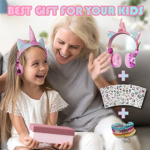 Unicorn Wireless Headphones for Kids,Cat Ear Bluetooth 5.0 Over Ear Headphones with Microphone for Cellphone/iPad/Laptop/PC/TV/PS4/Xbox One, Foldable Gaming Headset for Girls Teens Gift (Purple)