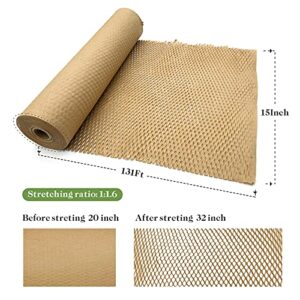 Honeycomb Packing Paper, 15" x 131' Honeycomb Cushioning Wrap Roll for Moving Shipping Packaging Gifts, Recyclable Honeycomb Paper Moving Supplies Bubble Paper Wrapping Protective Roll