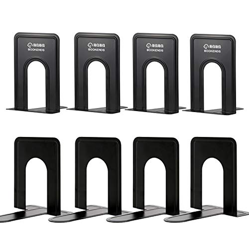 OHAHA 4 Pairs Black Metal Bookends,6.5 x 5.7 x 5 Inch Heavy Duty Bookend Support,Non-Skid Book Stopper,4 Pairs/8 Pieces Premium Bookends for Shelves,Bookends Decorative for Books/CDs/Video Games