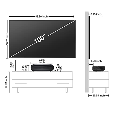 Hisense 100L9G-DLT100B 4K UHD Ultra-Short Throw Trichromatic Laser TV 100" High Gain ALR Screen, 3000 lumens, Dolby Atmos, Dolby Vision, Google Assistant and Chromecast Built-in, Works with Alexa