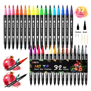 zscm 32 colors duo tip brush markers art pen set, artist fine and brush tip colored pens, for kids adult coloring books christmas cards drawing, note taking lettering calligraphy bullet journaling