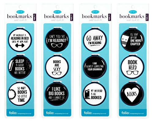 Just Clip it! Quote Bookmarks - (Set of 3 clip over the page markers) - BOOK NERD, MY WORKOUT is READING IN BED, Can't you see I"M READING.Funny Bookmark Set - Ideal for Bookworms of all ages.