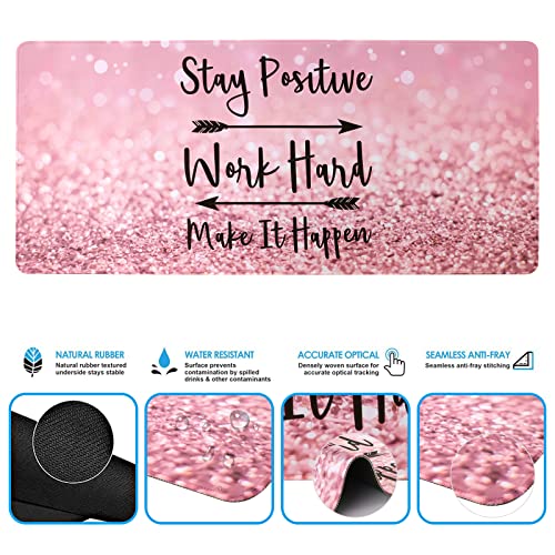 iCasso Keyboard Mouse Pad Set,Extended Gaming Mouse Pad+Keyboard Wrist Rest Support , Memory Foam, Easy Typing Pain Relief, 3Pcs (35.4×15.7 in) XXL Ultra Thick Desk Mat -Pink Stay Positive