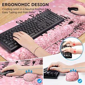 iCasso Keyboard Mouse Pad Set,Extended Gaming Mouse Pad+Keyboard Wrist Rest Support , Memory Foam, Easy Typing Pain Relief, 3Pcs (35.4×15.7 in) XXL Ultra Thick Desk Mat -Pink Stay Positive