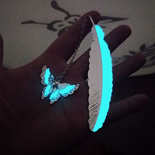 Luminous Bookmark Retro Feather Metal Bookmark, Glow in The Dark Bookmark, Ideal Gift for Reader, Teachers, Adults, Kids(Silver Butterfly)