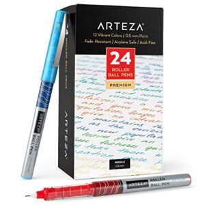 arteza rollerball pens fine point, set of 24 colored pens with liquid ink, extra fine 0.5 mm needle tip pen, make precise lines, office supplies for writing, notetaking, and drawing