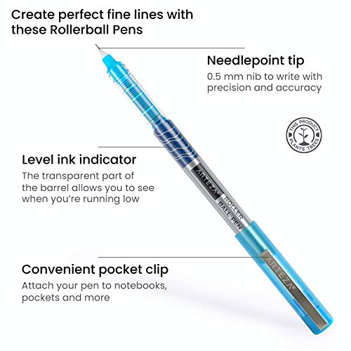 ARTEZA Rollerball Pens Fine Point, Set of 24 Colored Pens with Liquid Ink, Extra Fine 0.5 mm Needle Tip Pen, Make Precise Lines, Office Supplies for Writing, Notetaking, and Drawing