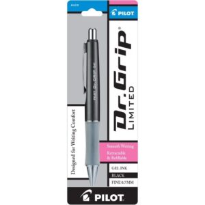 pilot dr. grip limited refillable & retractable gel ink rolling ball pen, fine point, metallic charcoal gray barrel, black ink, single pen (36270)