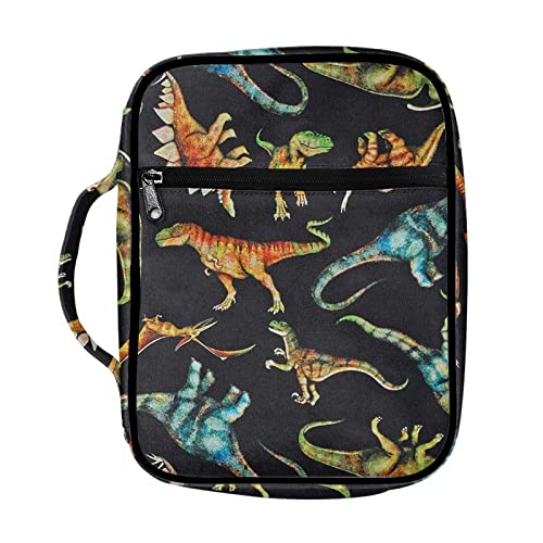 Howilath Colorful Dinosaur Print Bible Bag for Womens Mens Large Capacity Bible Book Holder Bible Protective Cover with Handle Zipper Pocket