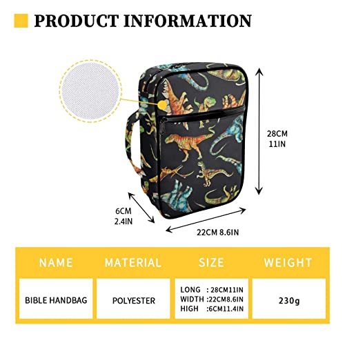 Howilath Colorful Dinosaur Print Bible Bag for Womens Mens Large Capacity Bible Book Holder Bible Protective Cover with Handle Zipper Pocket