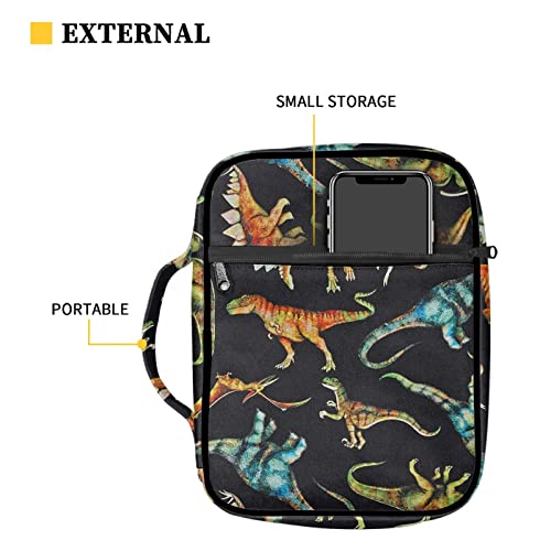 Howilath Colorful Dinosaur Print Bible Bag for Womens Mens Large Capacity Bible Book Holder Bible Protective Cover with Handle Zipper Pocket