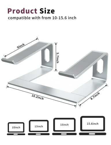 ALASHI Laptop Stand for Desk, Aluminum Computer Riser, Ergonomic Notebook Holder, Detachable Metal Laptops Elevator, PC Cooling Mount Support 10 to 15.6 Inches Notebook, Silver