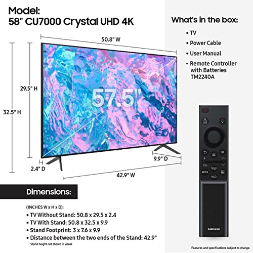 SAMSUNG 58-Inch Class Crystal UHD CU7000 Series PurColor, Object Tracking Sound Lite, Q-Symphony, 4K Upscaling, HDR, Gaming Hub, Smart TV with Alexa Built-in (UN58CU7000, 2023 Model)