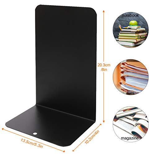 4Pcs Black Metal Bookends, Metal Book Ends to Hold Books, Heavy Duty Bookends for Shelves, 8.0” x 3.9”x 5.3” Bookshelf Holder, Antiskid Book Stoppers for Books, Notebooks Files, Office, Home, Movies