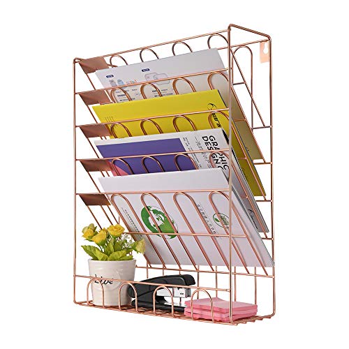 Spacrea Hanging File Holder Organizer - 6 Tier Wall Mount File Organizer for Women, Hanging Wall File for Office, School or Home, Rose Gold