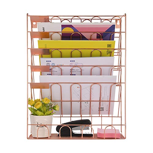 Spacrea Hanging File Holder Organizer - 6 Tier Wall Mount File Organizer for Women, Hanging Wall File for Office, School or Home, Rose Gold