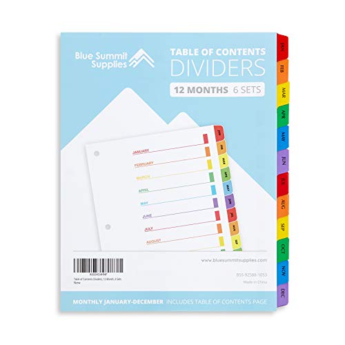 Blue Summit Supplies 12 Month Dividers for Binders, Jan to Dec Monthly Tabs, Includes Customizable Table of Contents Index, 6 Sets