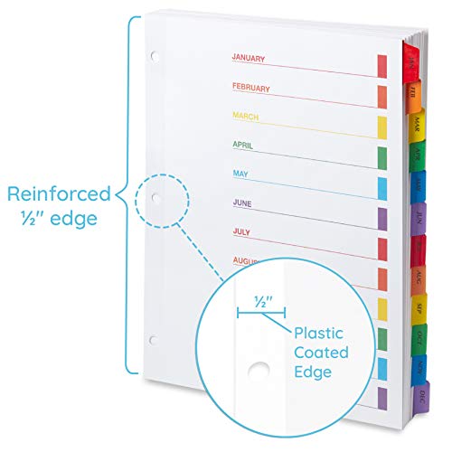 Blue Summit Supplies 12 Month Dividers for Binders, Jan to Dec Monthly Tabs, Includes Customizable Table of Contents Index, 6 Sets