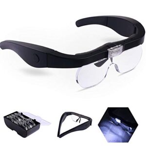 head magnifier glasses with 2 led lights usb charging magnifying eyeglasses for reading jewelry craft watch repair hobby, detachable lenses 1.5x, 2.5x, 3.5x,5x(black)